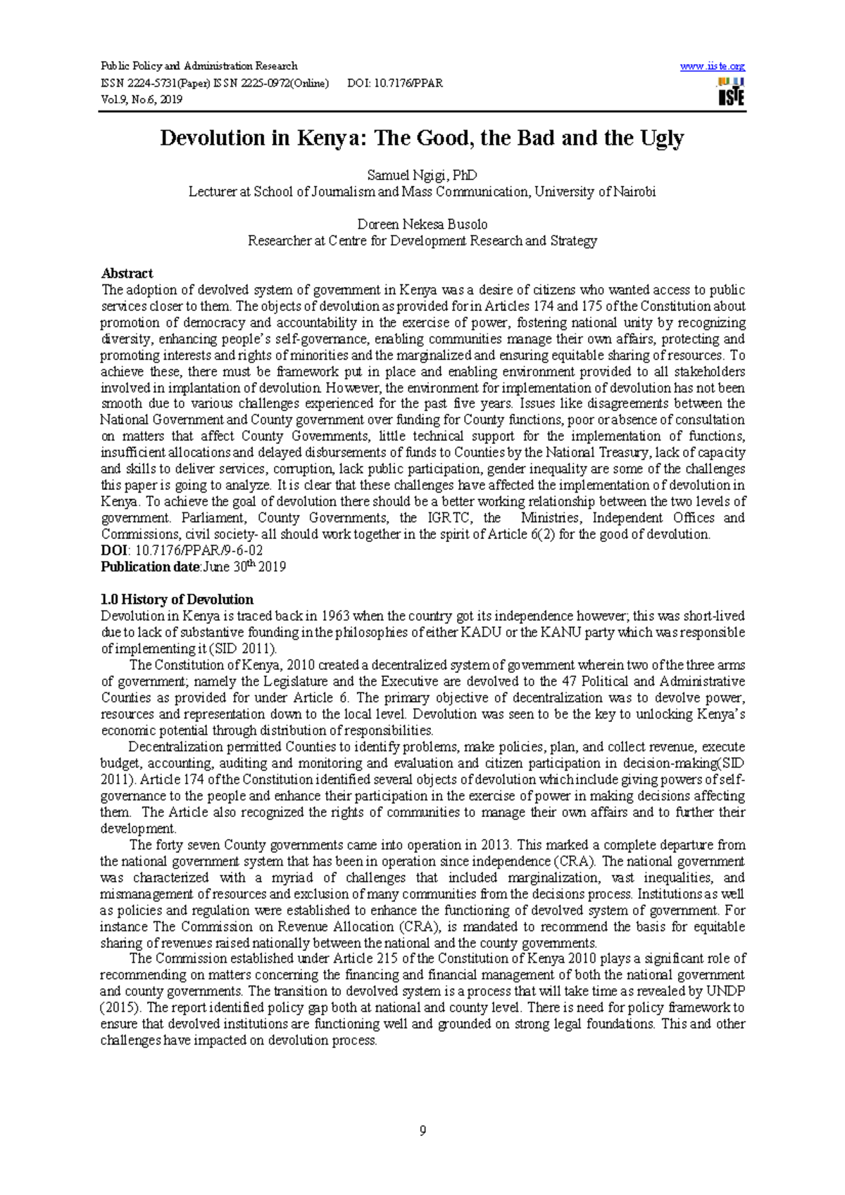Devolution in Kenya - ISSN 2224-5731(Paper) ISSN 2225-0972(Online) DOI: 10/PPAR Vol, No, 2019 ...