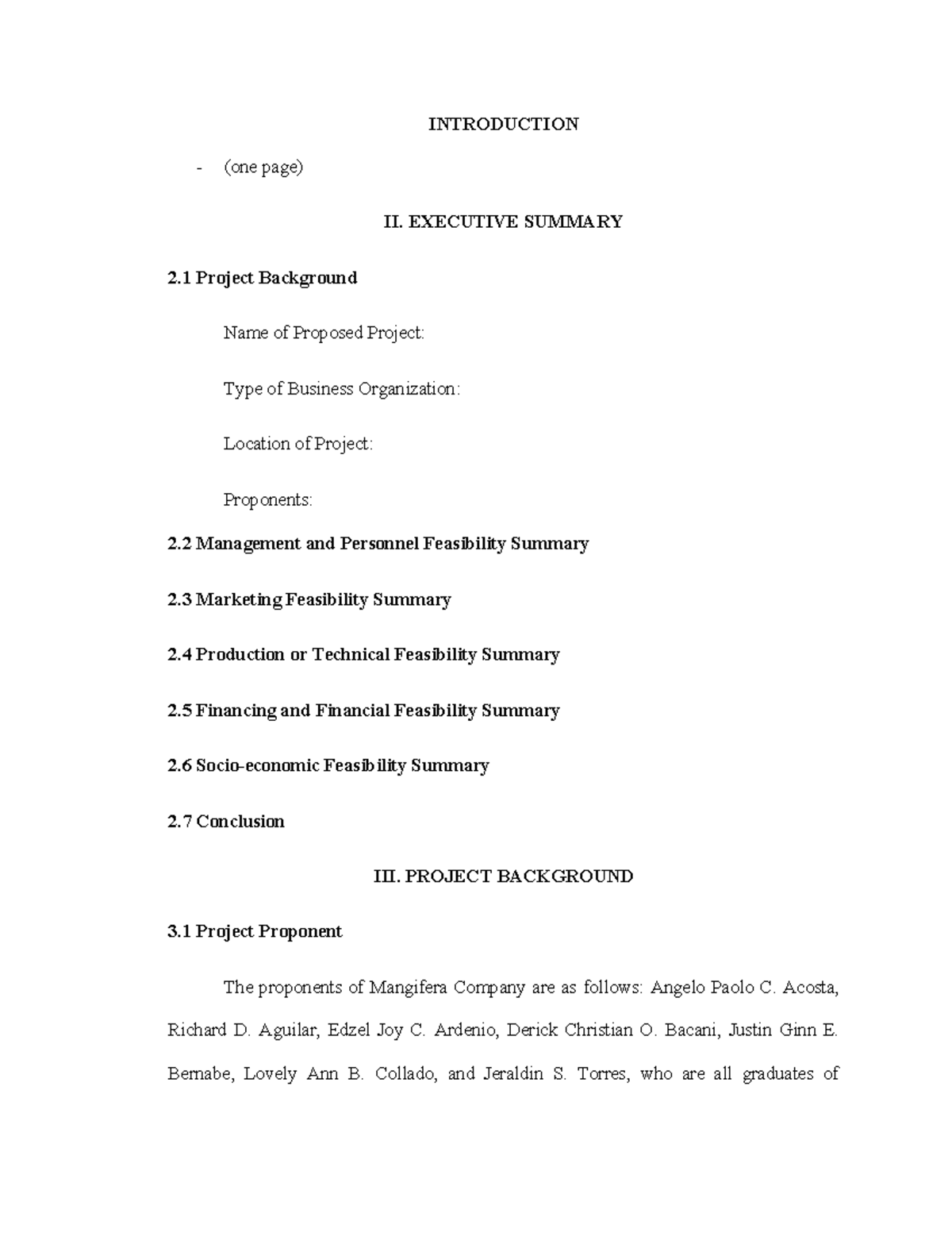 Feasib-1-3 - Hshshshwhwhsh - INTRODUCTION (one page) II. EXECUTIVE SUMMARY 2 Project Background ...
