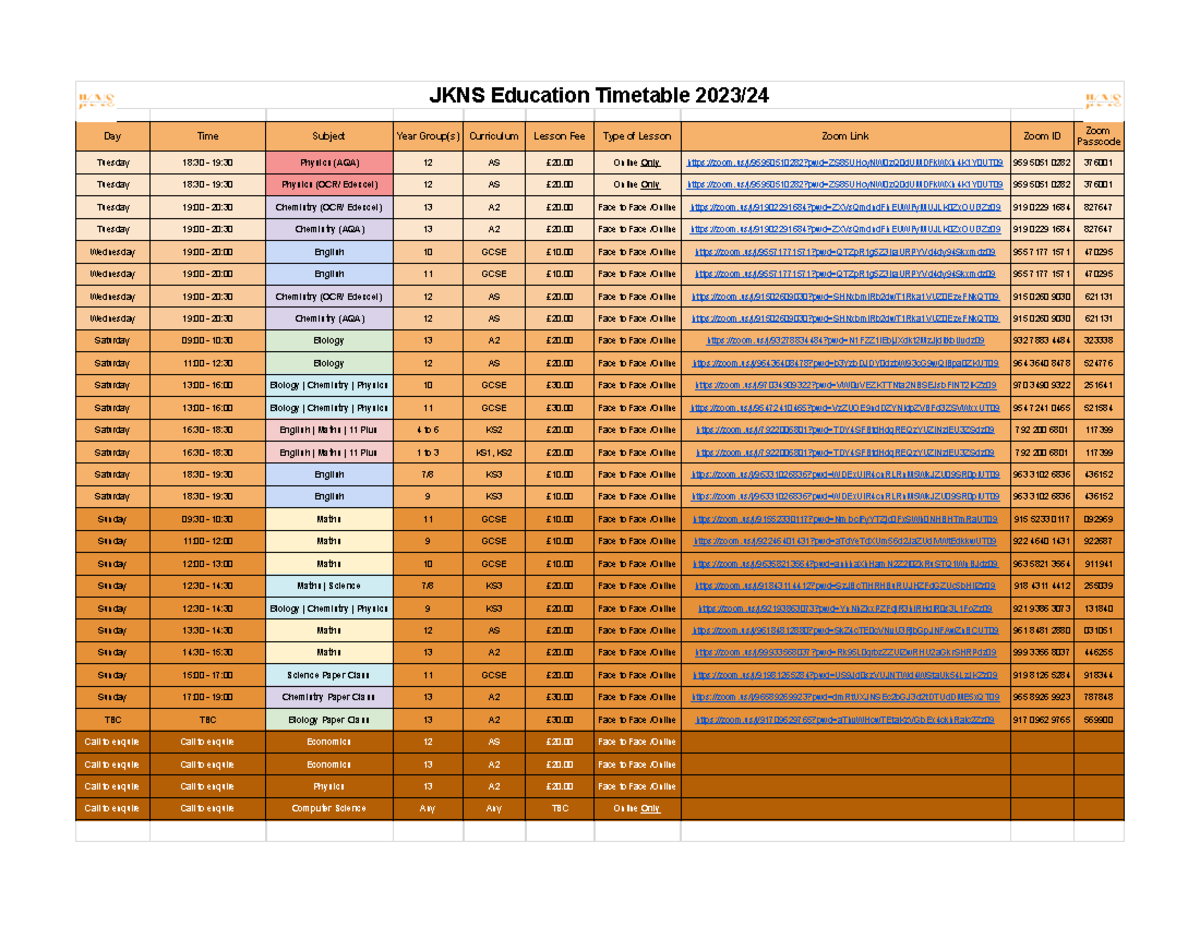 JKNS Education 2023 24 - JKNS Timetable 2023 24 - Day Time Subject Year ...