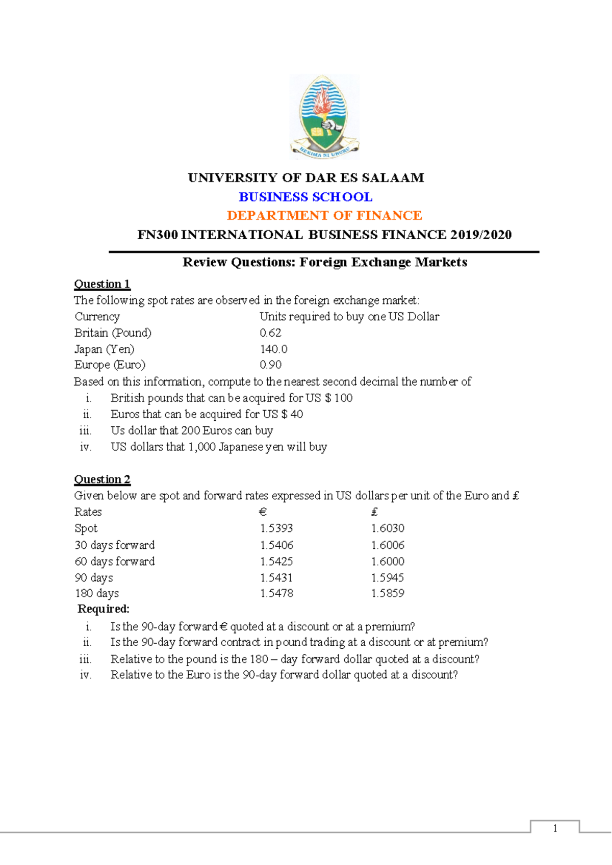 Set IV - EXERCISES - UNIVERSITY OF DAR ES SALAAM BUSINESS SCHOOL ...