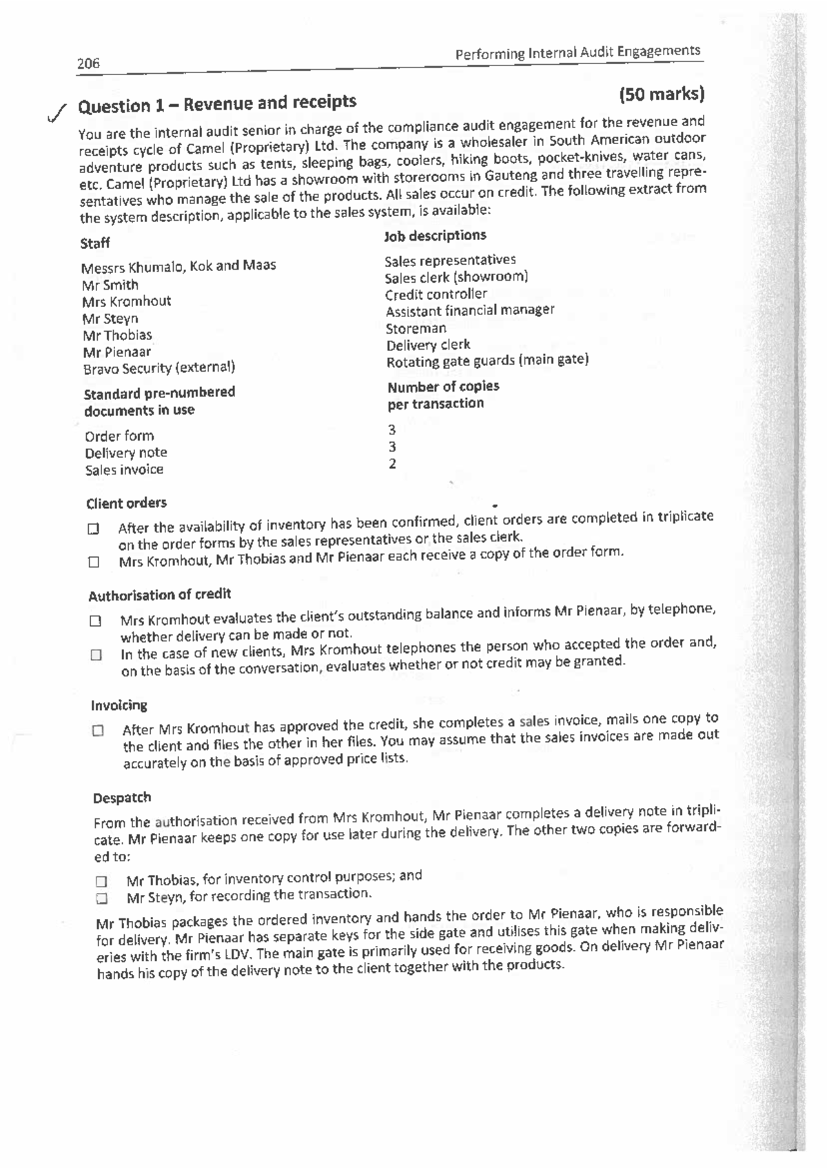 Practice questions and memo - Performing Internal Audit Engagements 206 ...