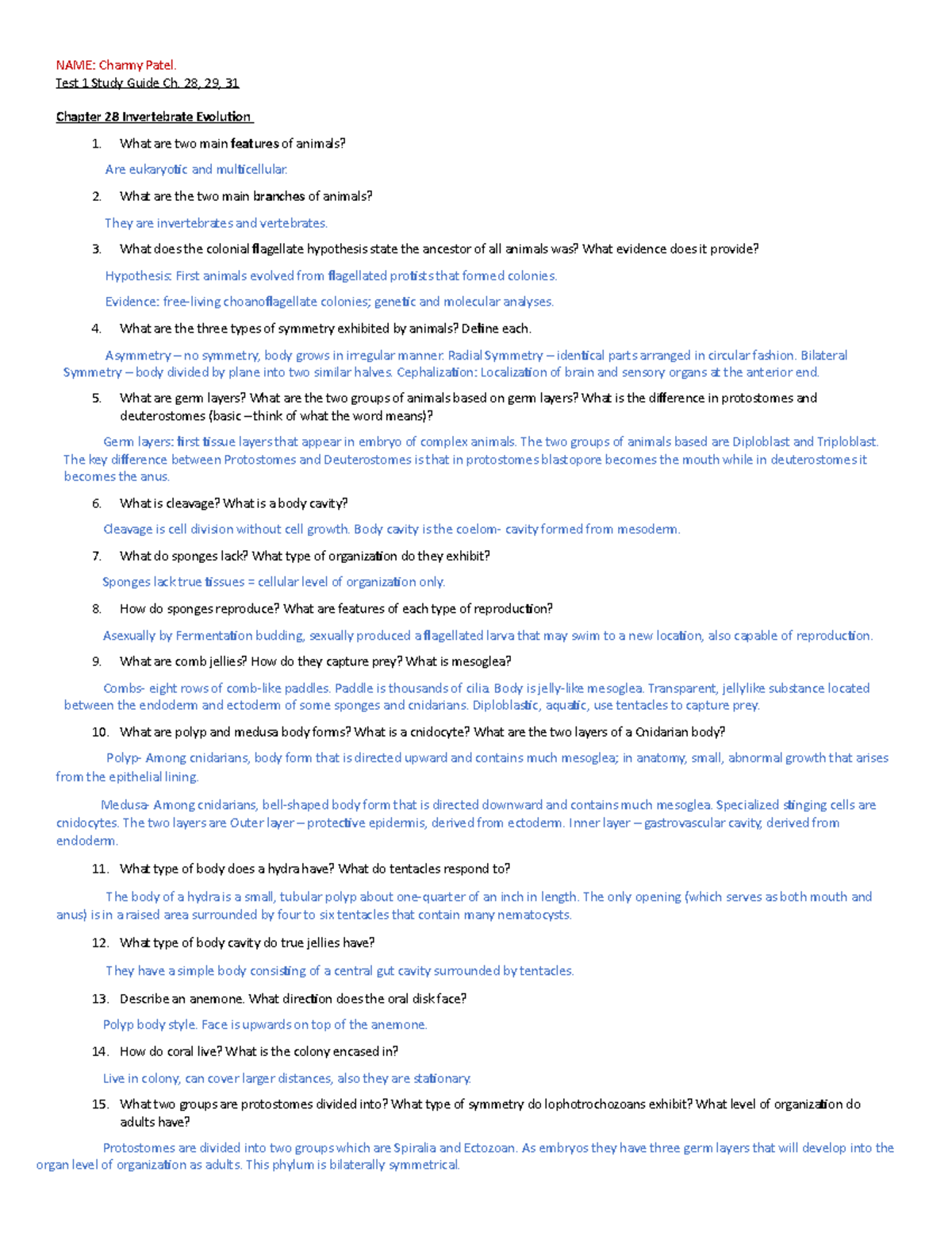 BIO-Study Guide 1 - NAME: Charmy Patel. Test 1 Study Guide Ch. 28, 29 ...