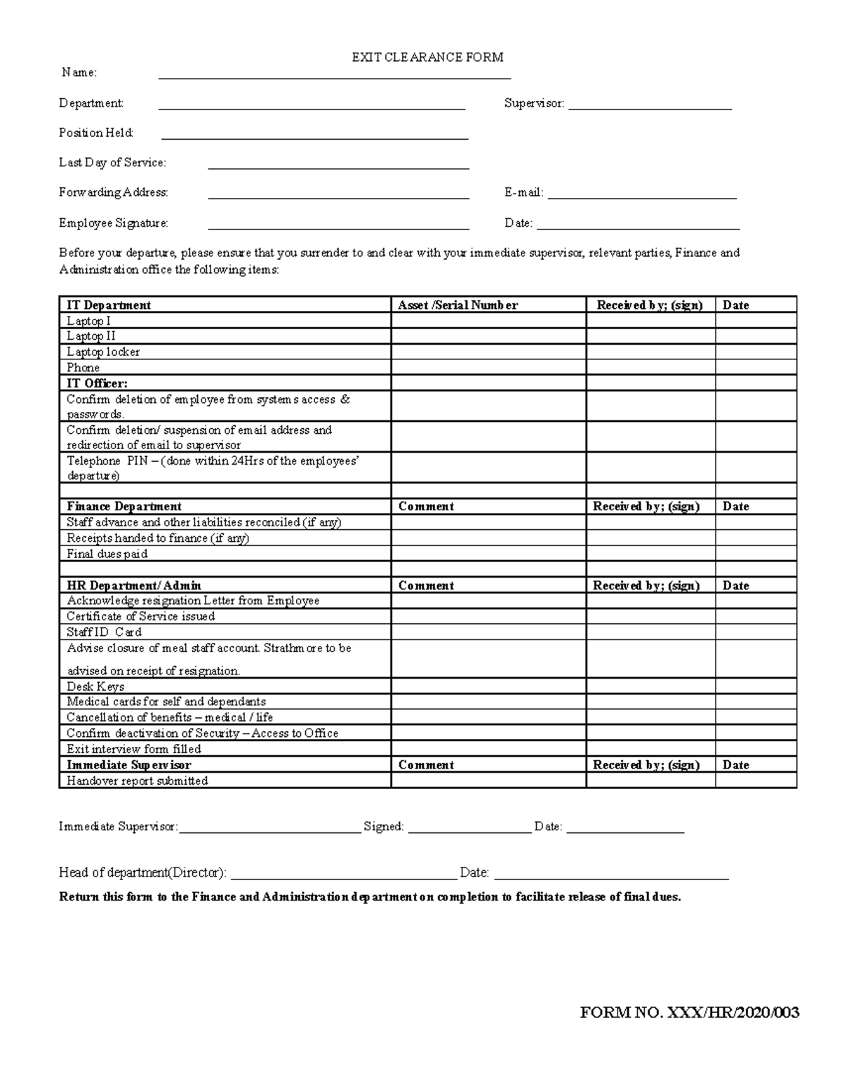 Exit Clearance Form Form Used By A HR Department When Staff Are