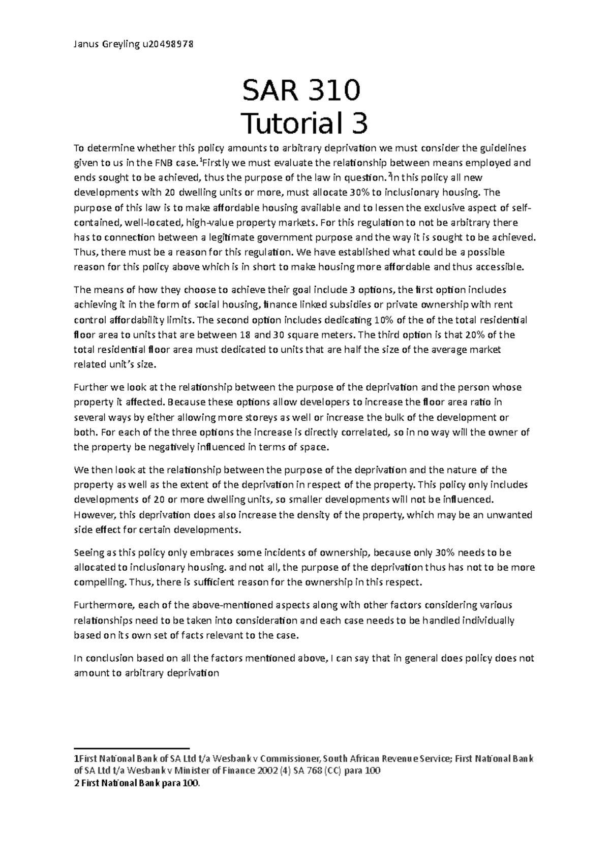 SAR 310 Tutorial 3 2022 - Janus Greyling u SAR 310 Tutorial 3 To ...