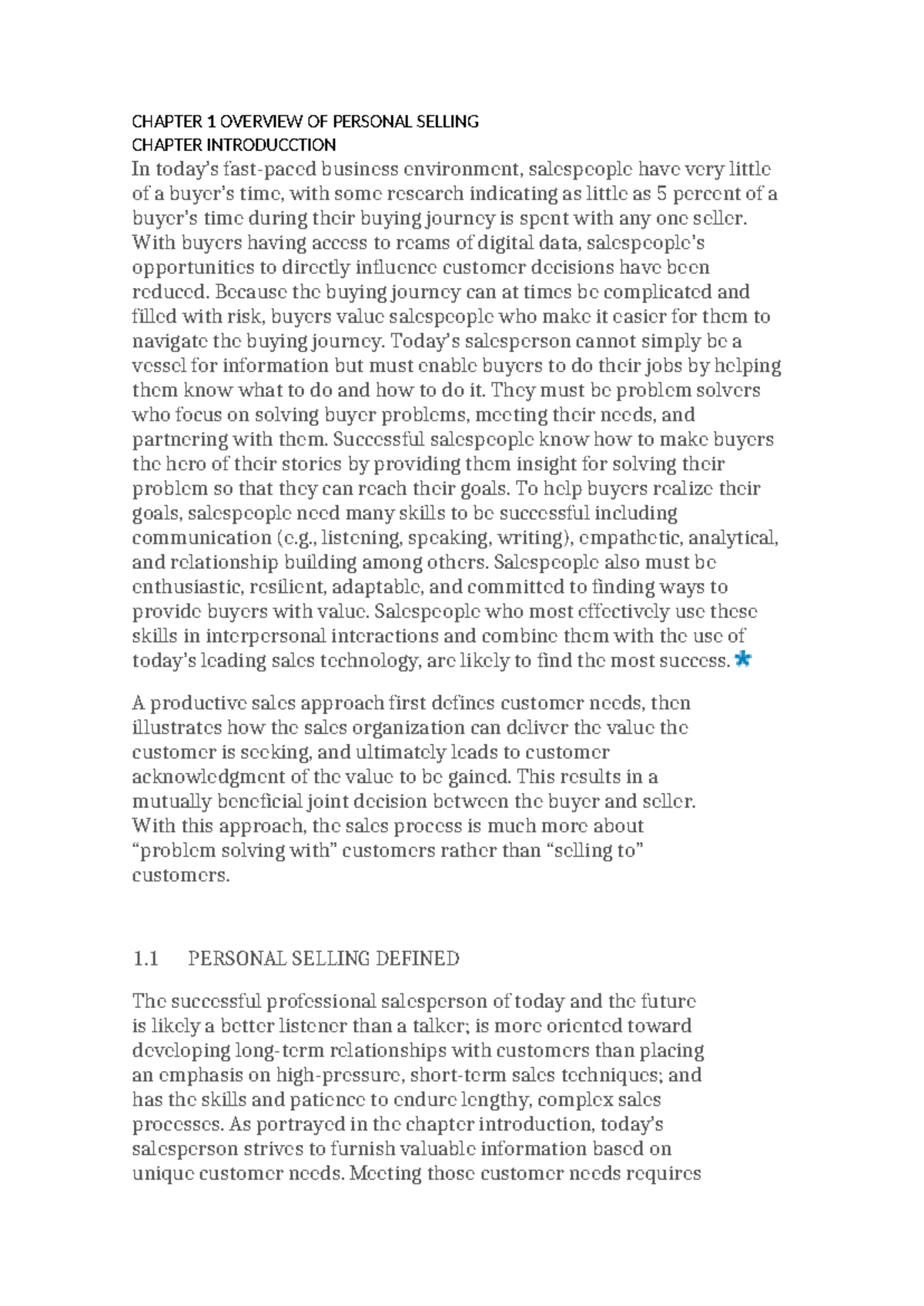 Chapter 1 Overview OF Personal Selling - CHAPTER 1 OVERVIEW OF PERSONAL ...