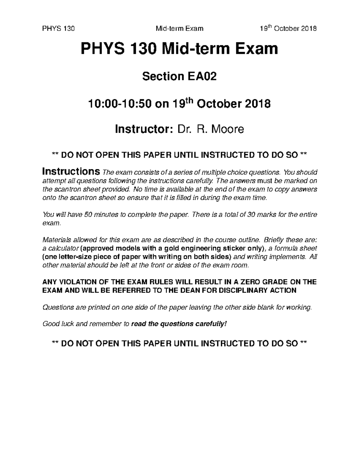2018-10-Midterm - its an old phys 130 midterm - PHYS 130 Mid-term Exam ...