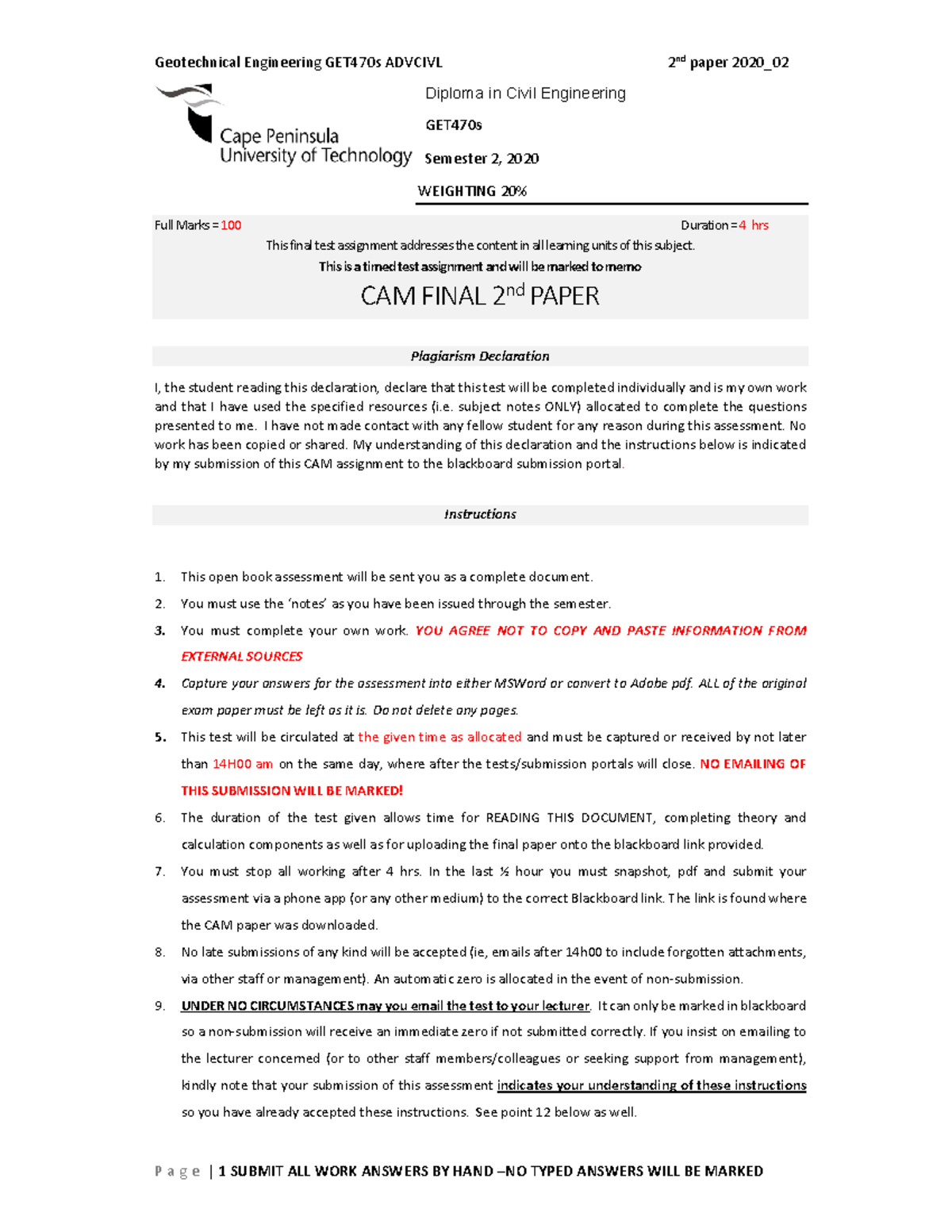 FISA 2020 Paper 2 - Exam memo - Diploma in Civil Engineering GET470s ...