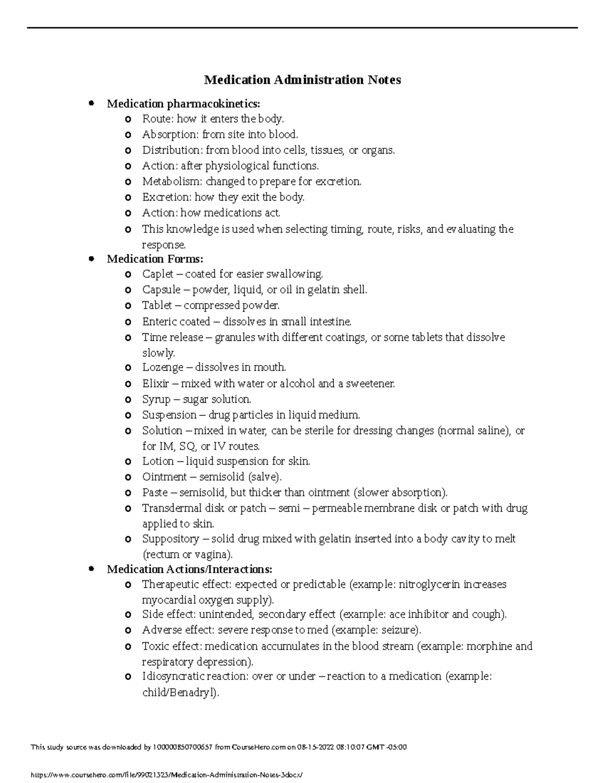 Medication Administration Notes 3 - o Absorption: from site into blood ...