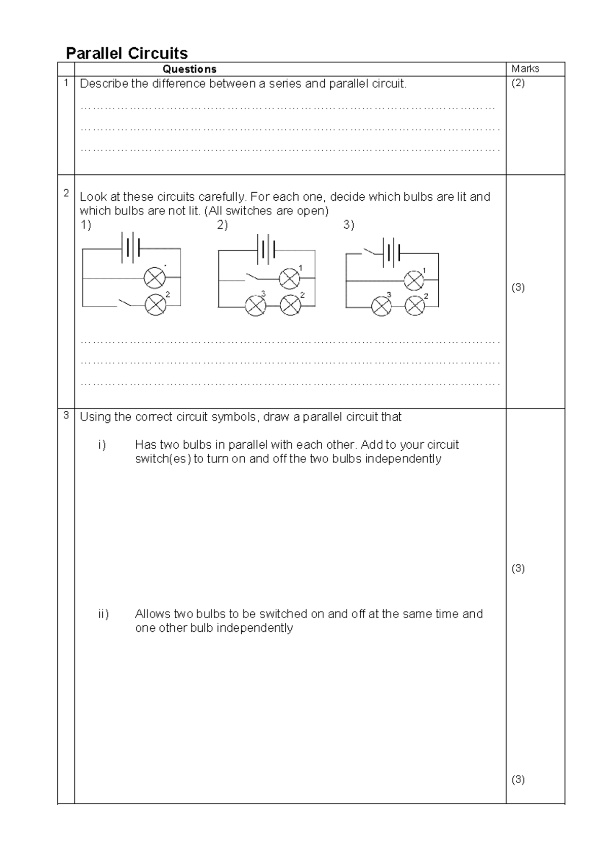 P2.12 Prep - parallel circuits - Parallel Circuits Questions Marks 1 ...