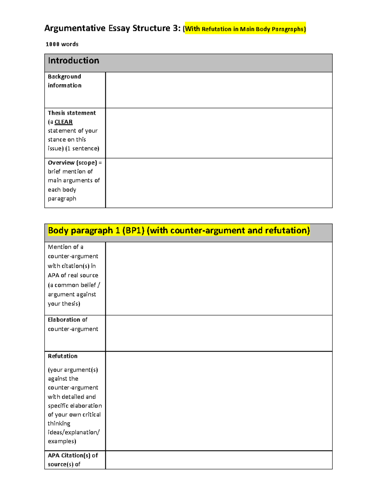 Outline for Argumentative Essay Structure 3 - Argumentative Essay ...