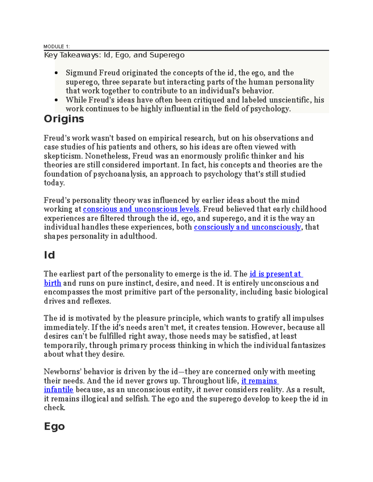 Neayc - This is a summarized handout - MODULE 1: Key Takeaways: Id, Ego ...