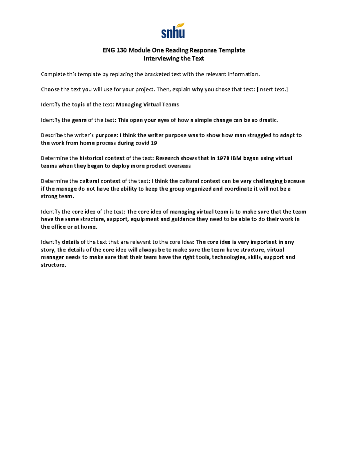 ENG 130 Module One Reading Response Template - ENG 130 Module One ...