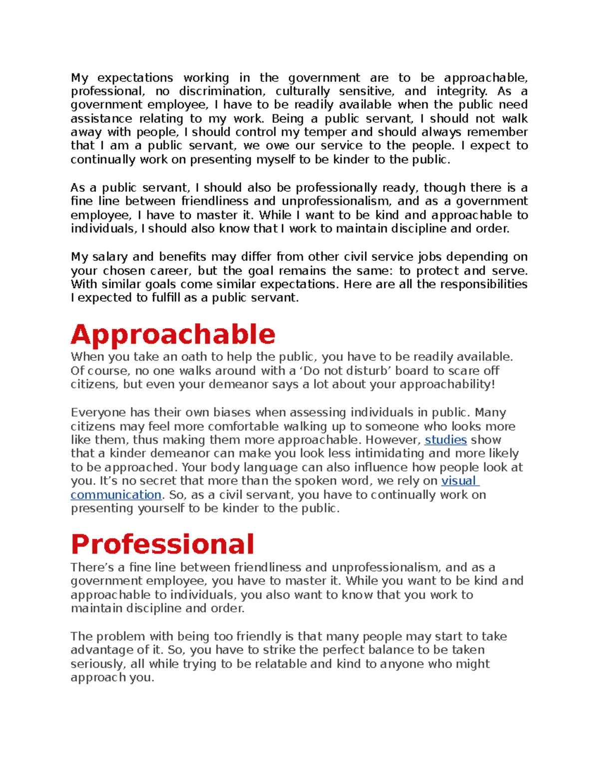 Pta essay - notes - My expectations working in the government are to be ...