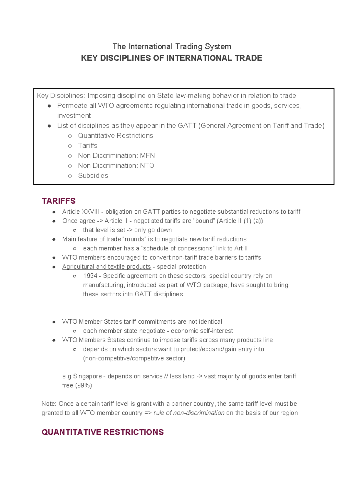 [ BTX3110 ] NOTE WEEK 1 - Note week 1 - The International Trading System KEY DISCIPLINES OF ...