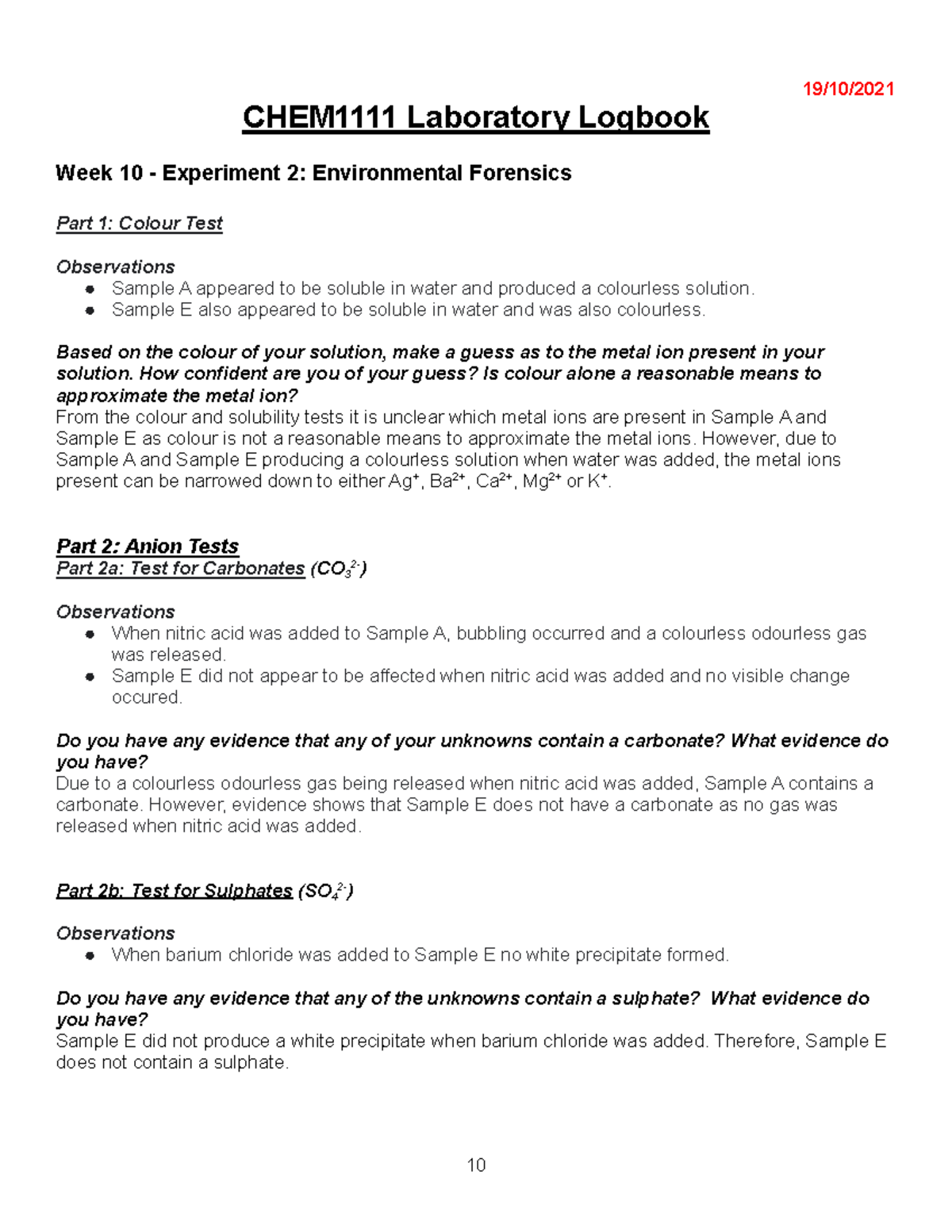 CHEM1111 Experiment 2: Environmental Forensics Logbook - 19/10 ...