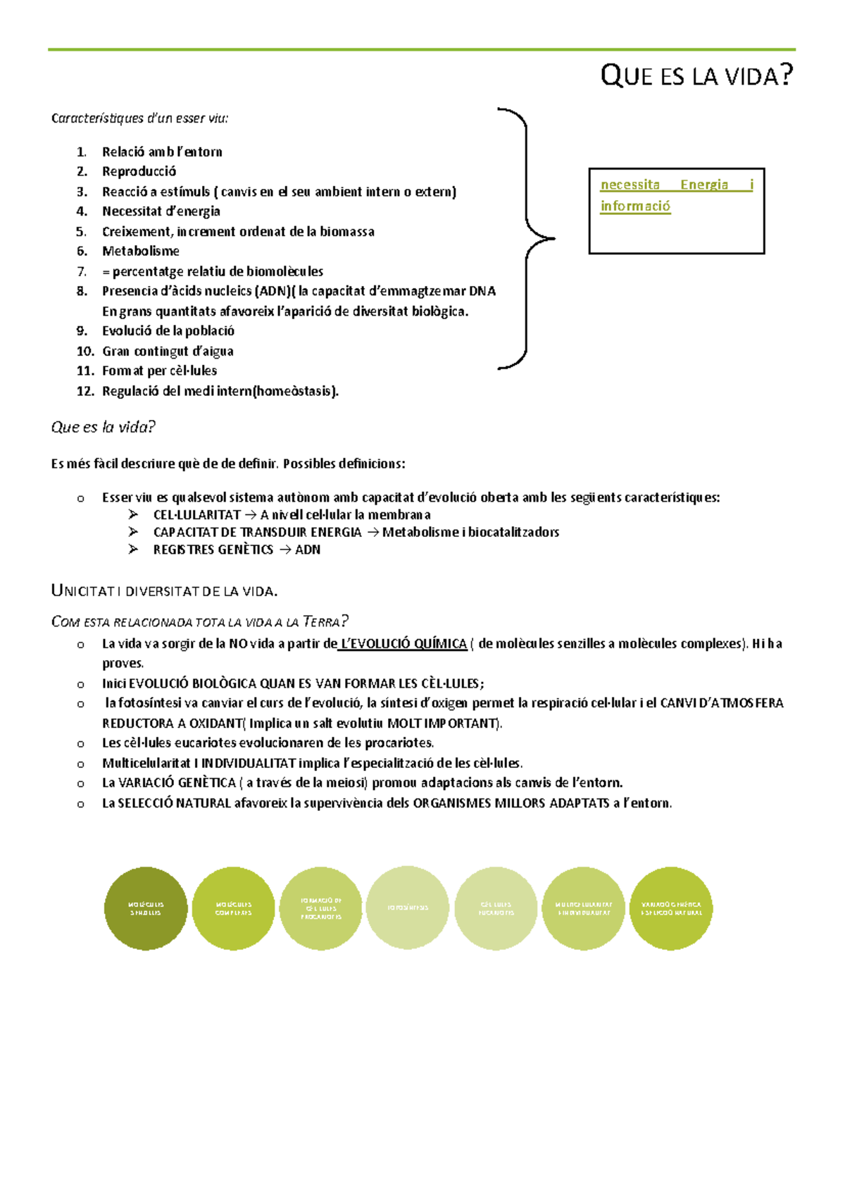 Apunts bio PDFStuff convertido - QUE ES LA VIDA? C aracterístiques d’un esser viu: RelaciÛ amb ...