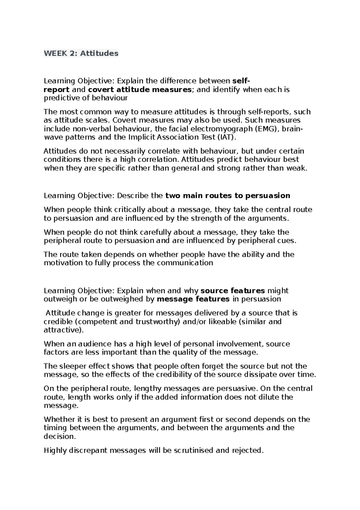 WEEK 2 summary objectives - WEEK 2: Attitudes Learning Objective ...