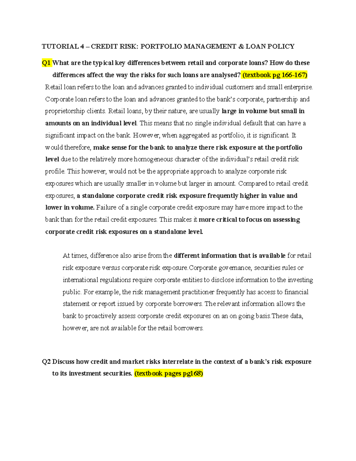 Tutorial 4 questions - ... - TUTORIAL 4 – CREDIT RISK: PORTFOLIO ...