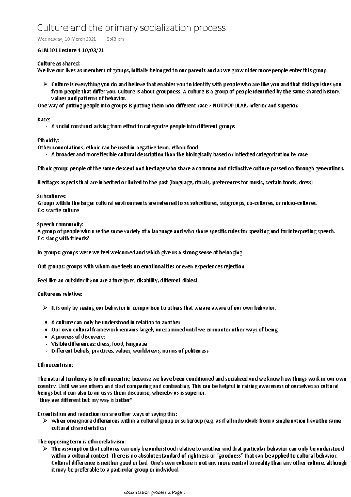 Culture and the primary socialization process - Culture as shared: We ...