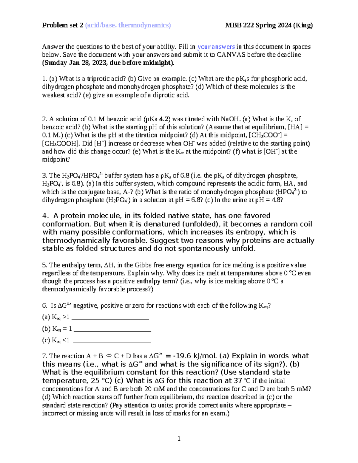 Problem set 2 DK 2024 - ps2 - Problem set 2 (acid/base, thermodynamics ...
