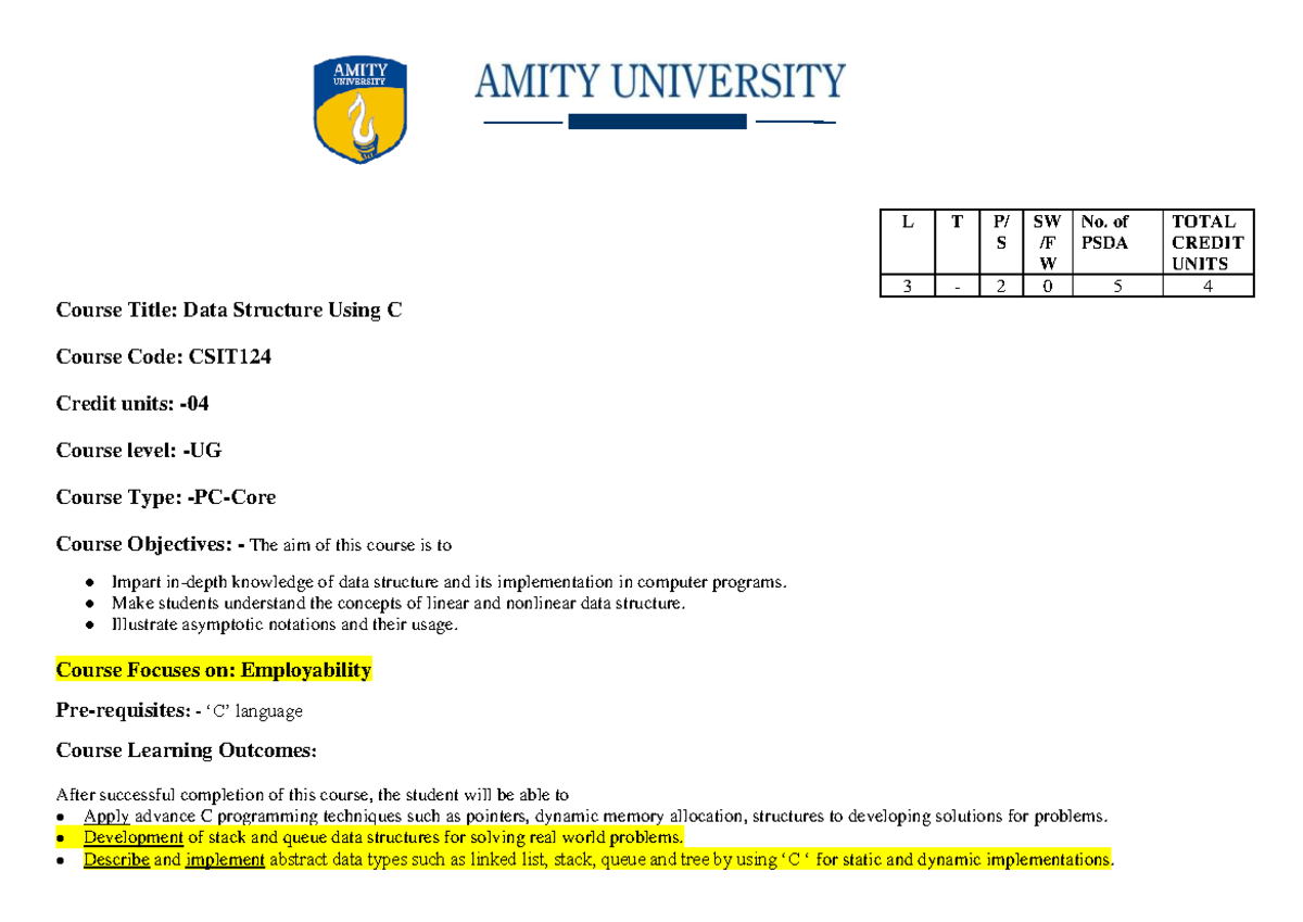 Data Structure Using C Syllaus - L T P/ S SW /F W No. of PSDA TOTAL ...