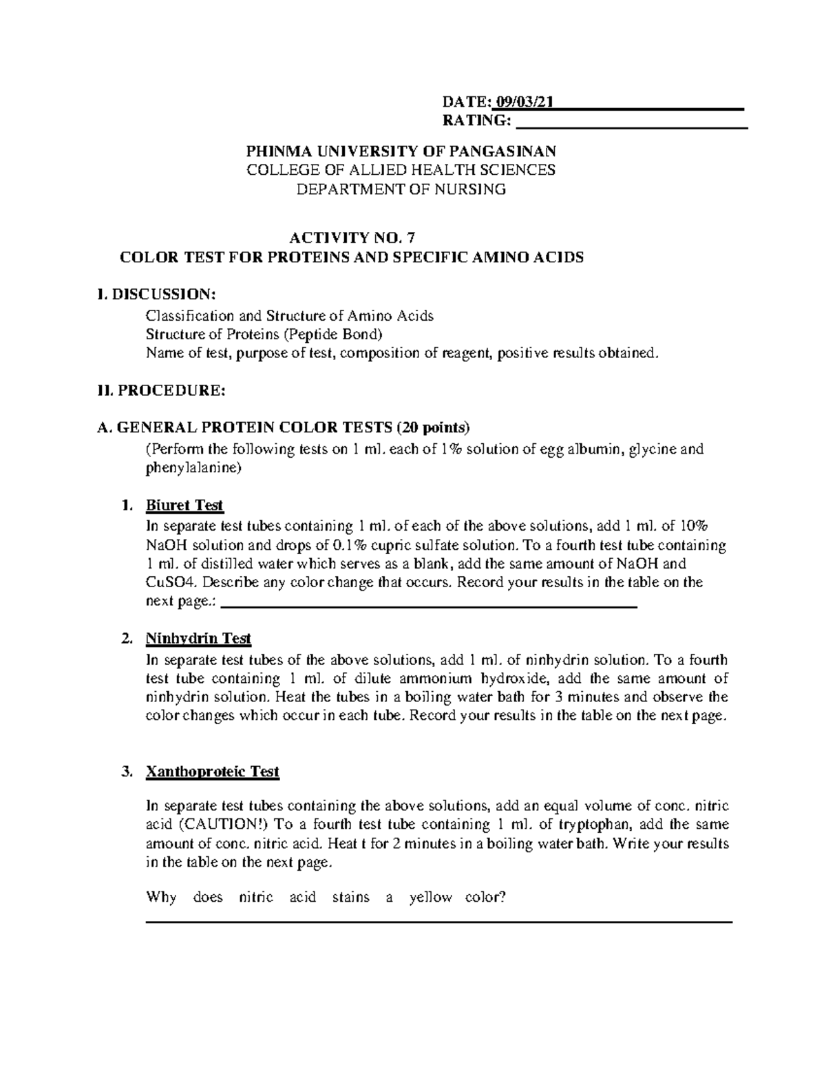 (BIO 024) LAB Activity 5 - Color TEST FOR Proteins AND Specific Amino ...