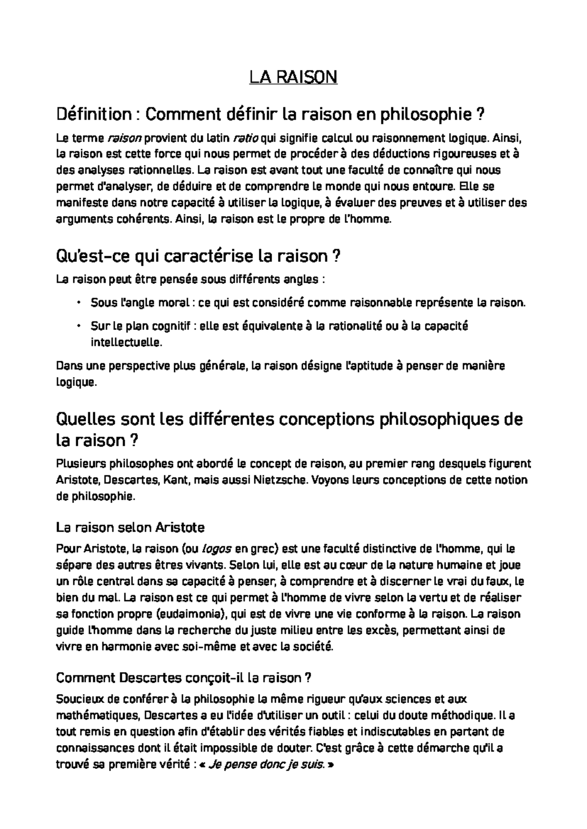 La Raison (fiche de révision) - LA RAISON Définition : Comment définir ...