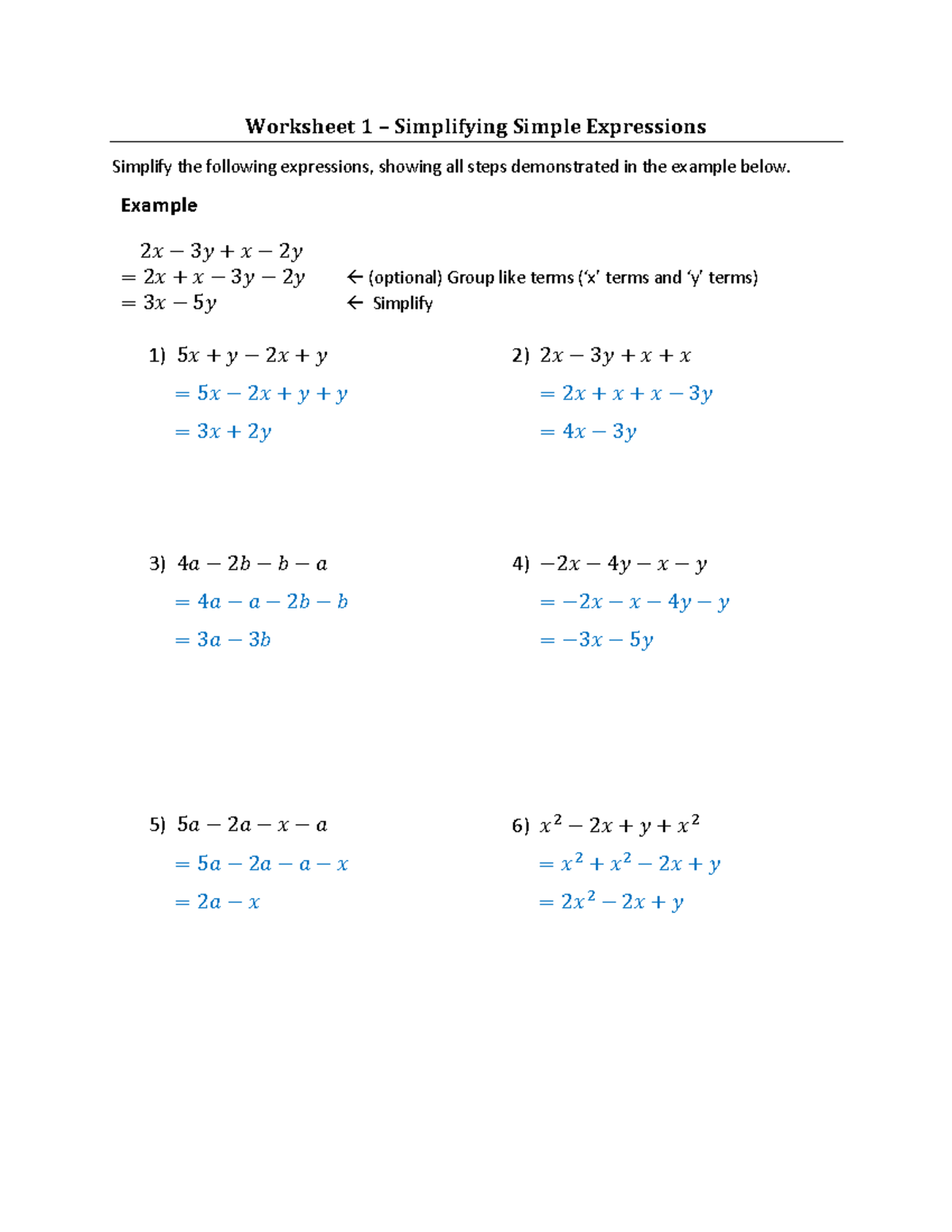 Worksheets - Week 3 - Solutions - Worksheet 1 – Simplifying Simple ...