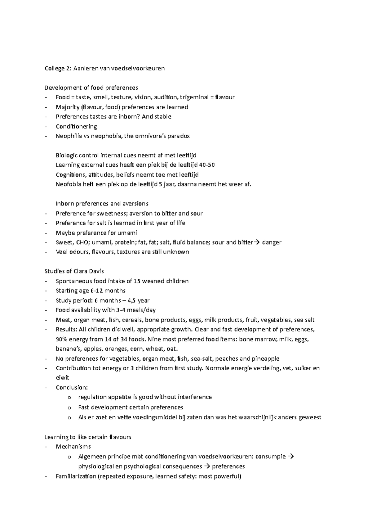 Nutrition Behaviour Aantekeningen college 2 - College 2: Aanleren van ...