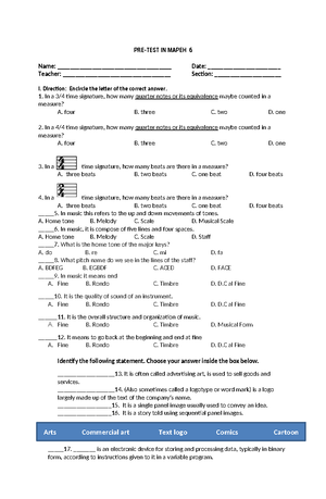 Pre Test Mathematics 6 Pre Test In Mathematics 6 Name