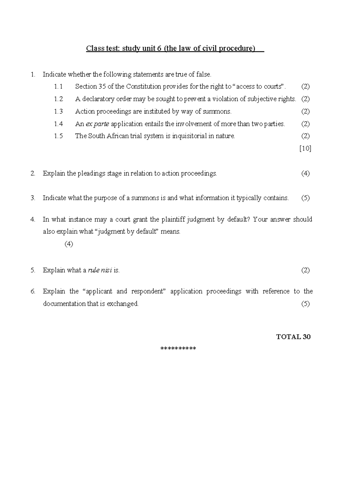 Class test (unit 6 - the law of civil procedure) - Class test: study ...