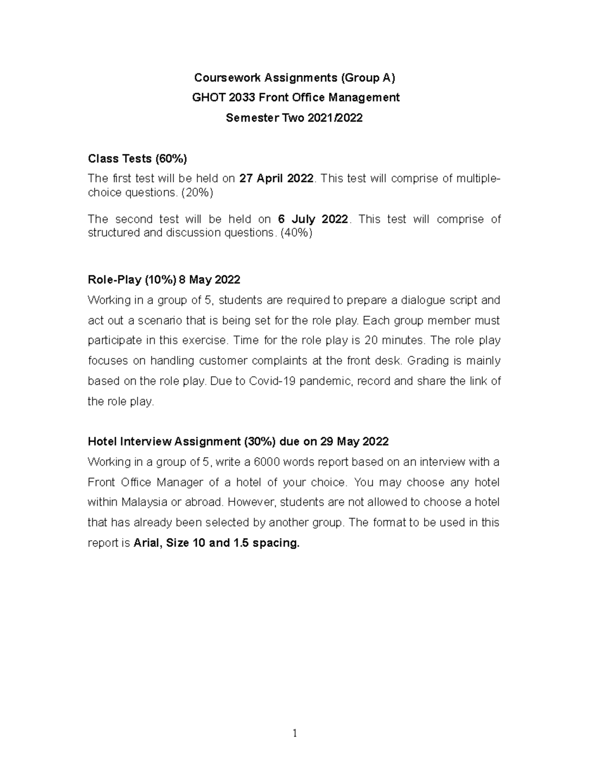 Assignment for FOM GHOT 2033 A212 GA - Coursework Assignments (Group A ...