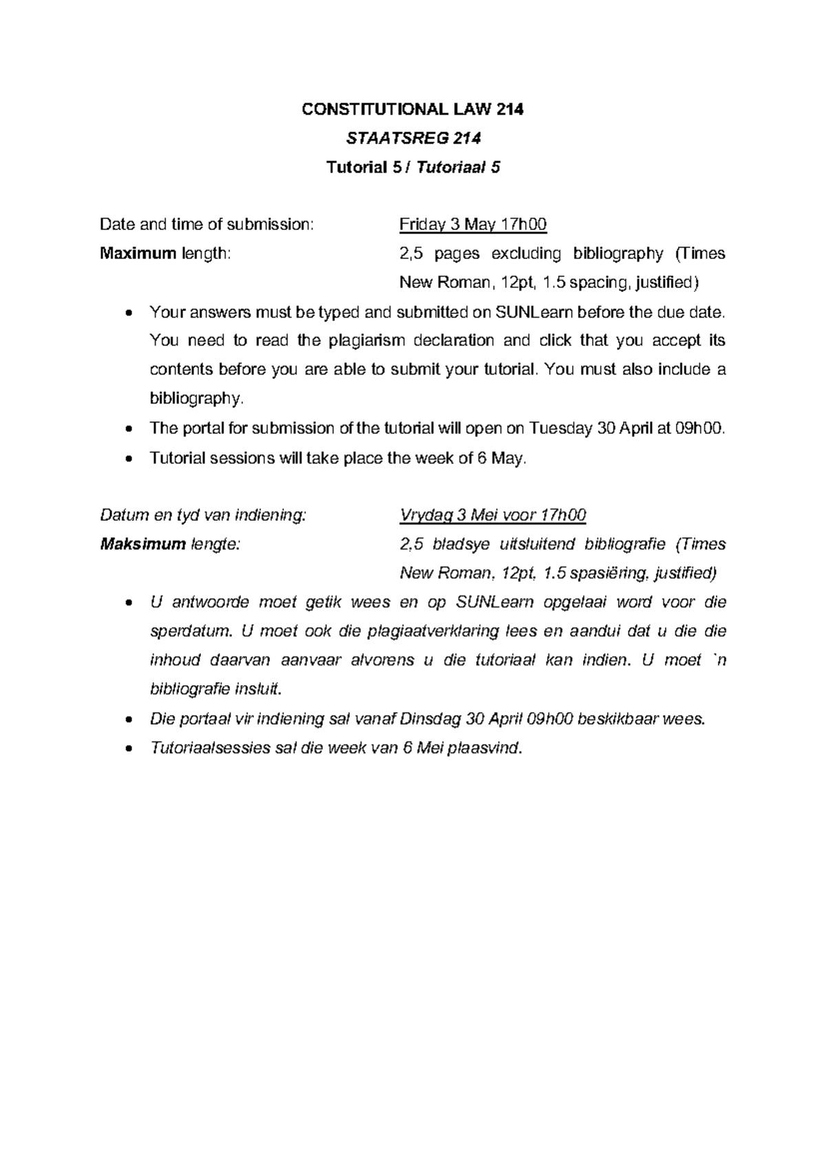 CON LAW 214 Tutorial 5 2024 - CONSTITUTIONAL LAW 214 STAATSREG 214 Tutorial 5 / Tutoriaal 5 Date ...