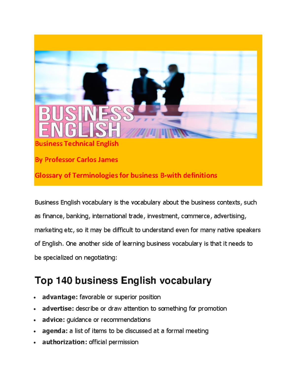 Business Technical English Glossary of Terminologies by Professor James ...