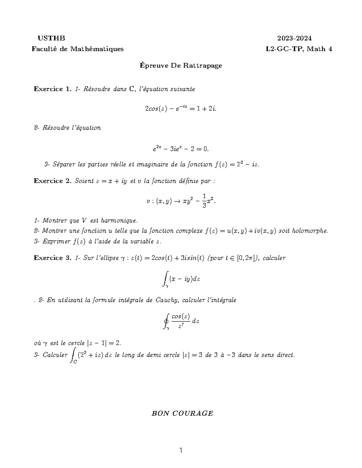 analysis complex - USTHB 2023- Faculté de Mathématiques L2-GC-TP, Math 4 Épreuve De Rattrapage ...
