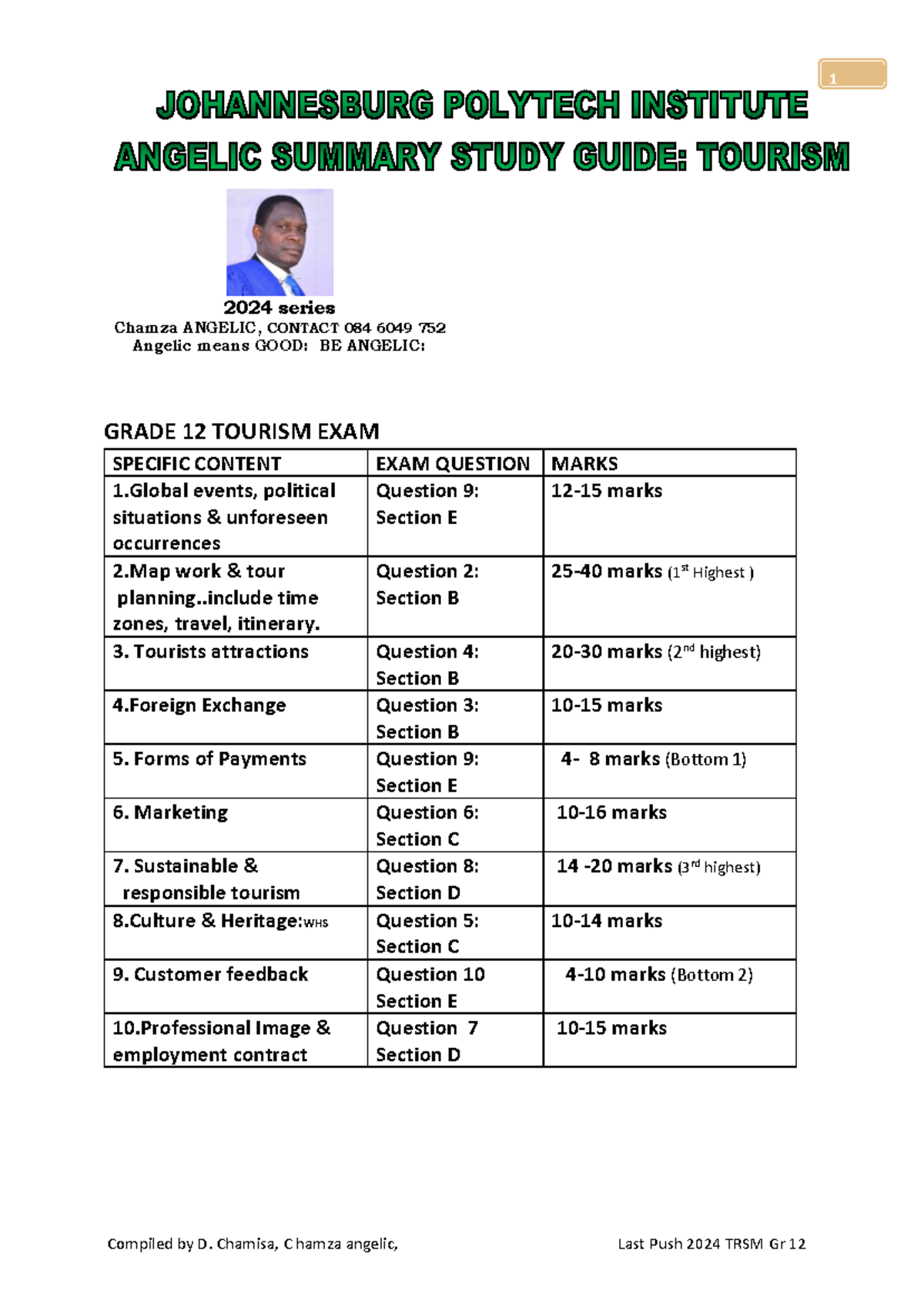 1 2024 F3 Angelic Summary GR 12 Tourism - Compiled by D. Chamisa, C ...