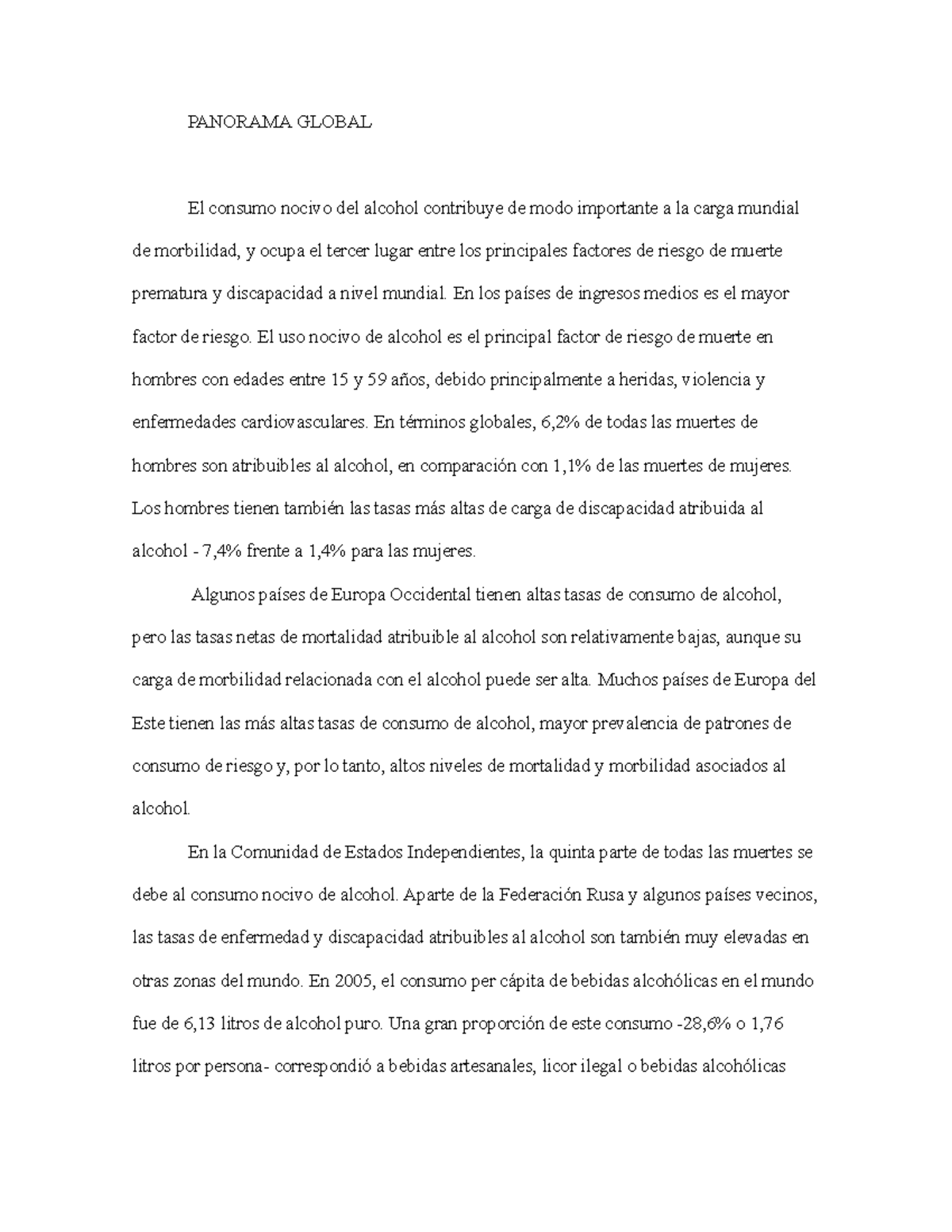 Estadísticas - lecture notes - PANORAMA GLOBAL El consumo nocivo del ...