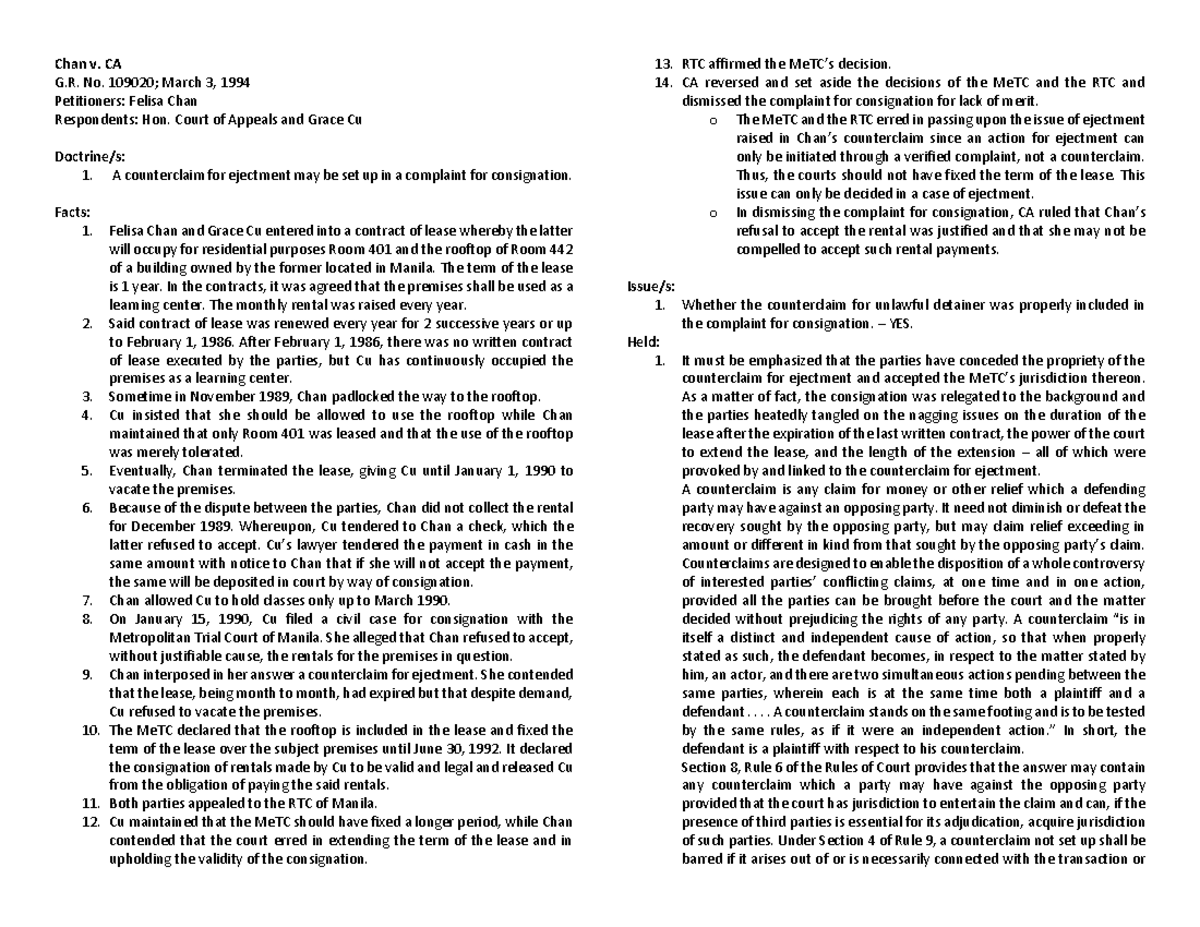 Chan versus Court of appeals - Chan v. CA G. No. 109020; March 3, 1994 ...