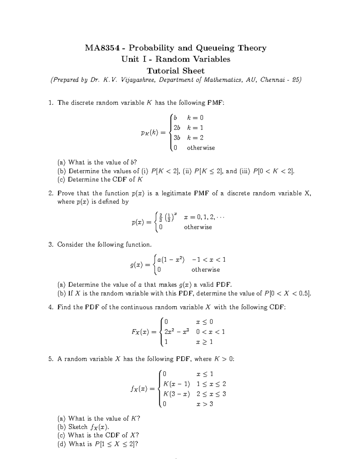 Ps unit1 - Probability and statistics - MA8354 - Probability and Queueing Theory Unit I - Random ...