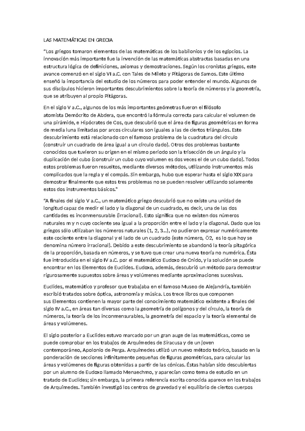 LAS Matemáticas EN Grecia - LAS MATEMÁTICAS EN GRECIA “Los griegos ...