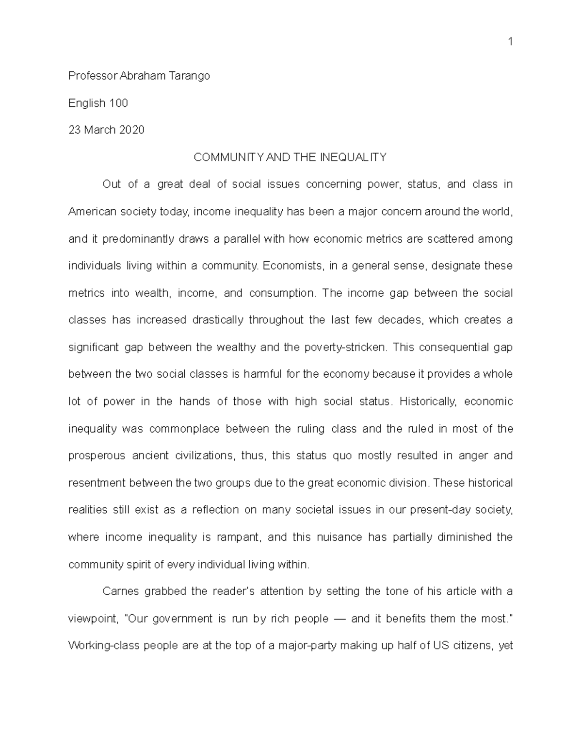 Community and Inequality Essay OCC - Professor Abraham Tarango English ...