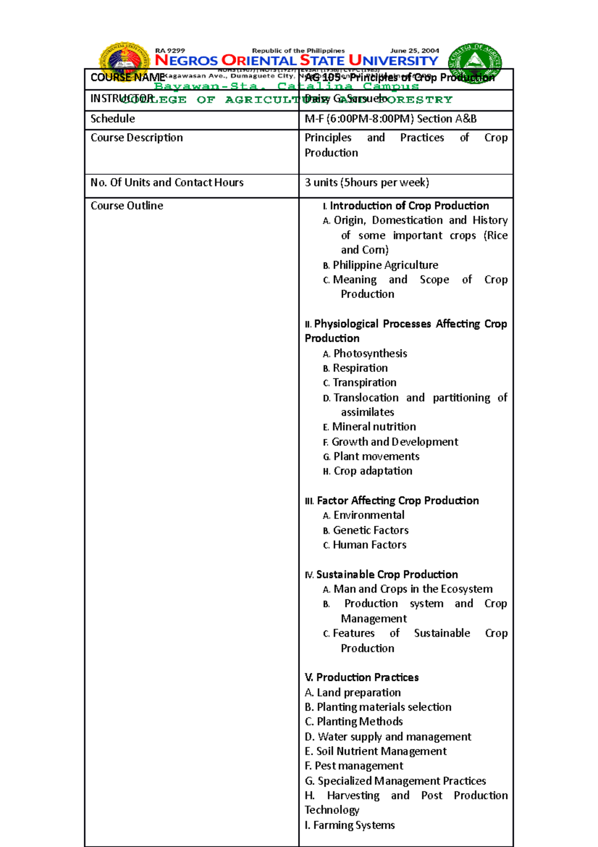 Ag 105 course outline - COURSE NAME AG 105 - Principles of Crop ...