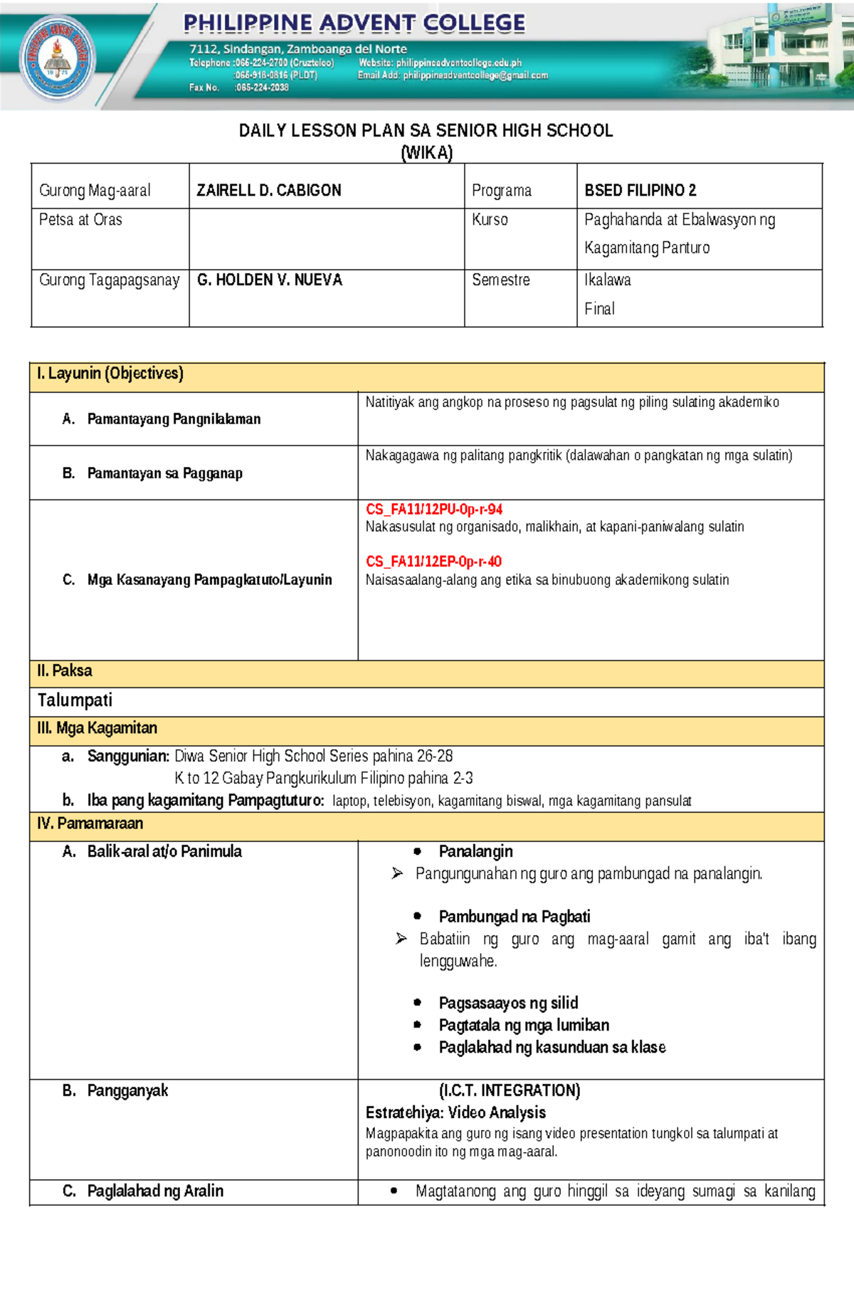 Zairells-LP - DAILY LESSON PLAN SA SENIOR HIGH SCHOOL (WIKA) Gurong Mag ...