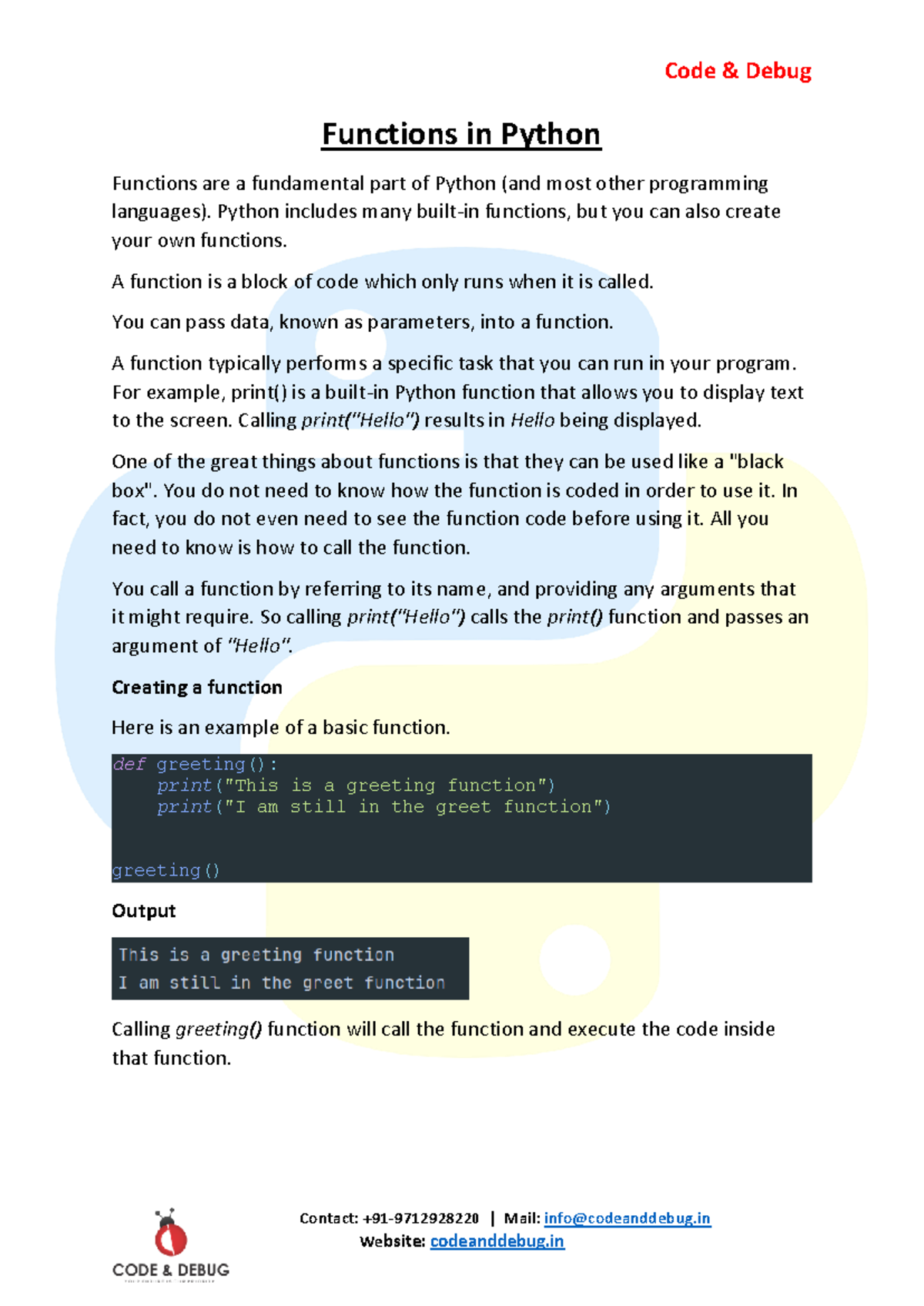 Functions In Python Programming Contact 91 9712928220 Mail Infocodeanddebug Functions