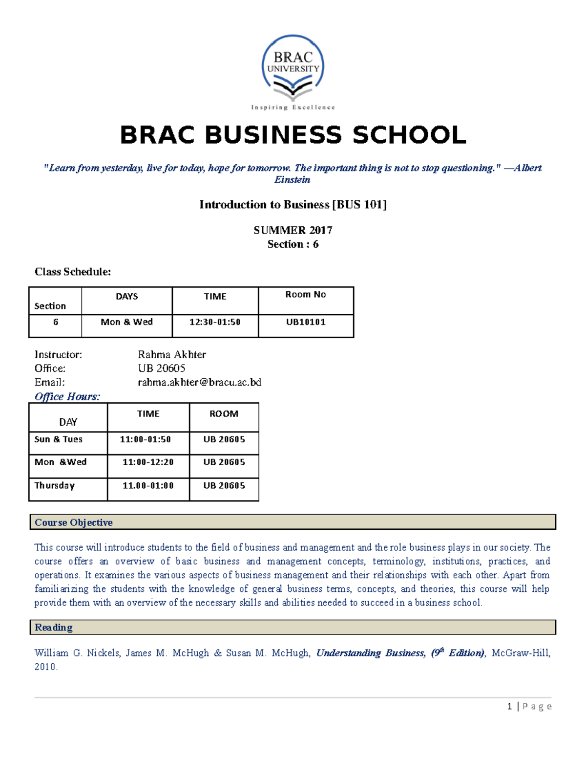 Bus 101 course outline - BRAC BUSINESS SCHOOL from yesterday, live for ...