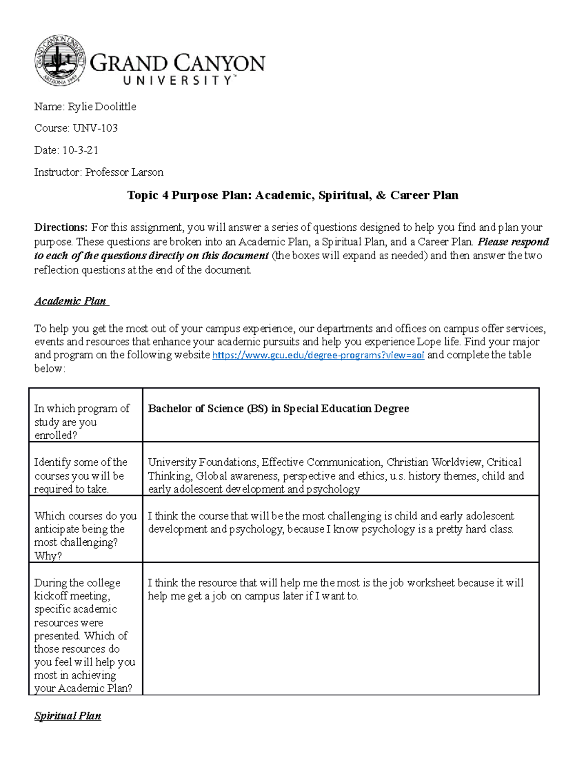 UNV-103 T4 Purpose Plan-Trad - UNV-103 - GCU - Studocu