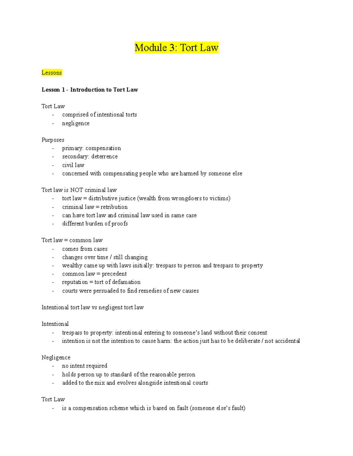 MOS 2275 - Midterm #2 Notes - Module 3: Tort Law Lessons Lesson 1 ...