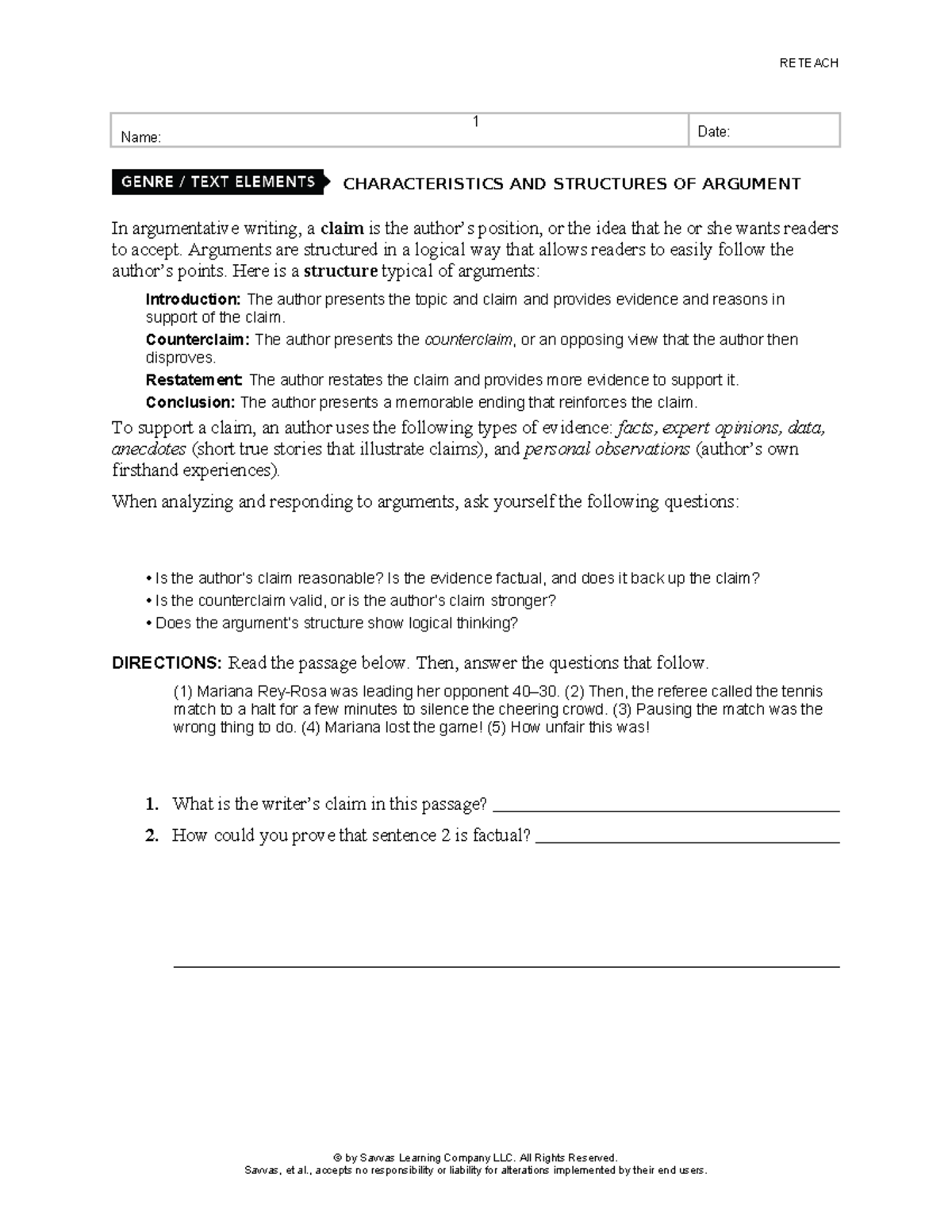 Practice Reteach Structure of an Argument - RETEACH Name: Date ...