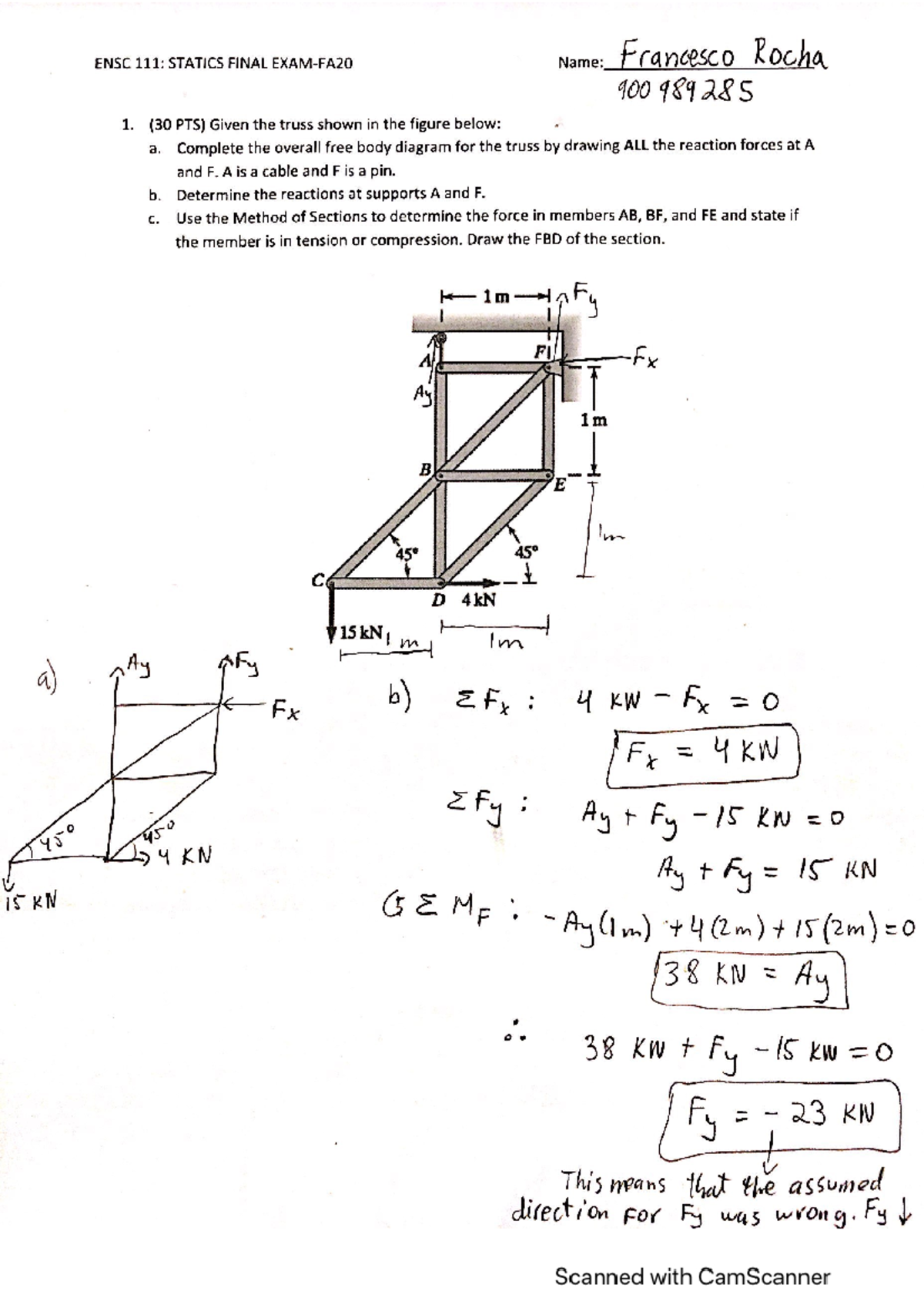 Final exam December Fall 2020, questions and answers - ENSC STATICS ...