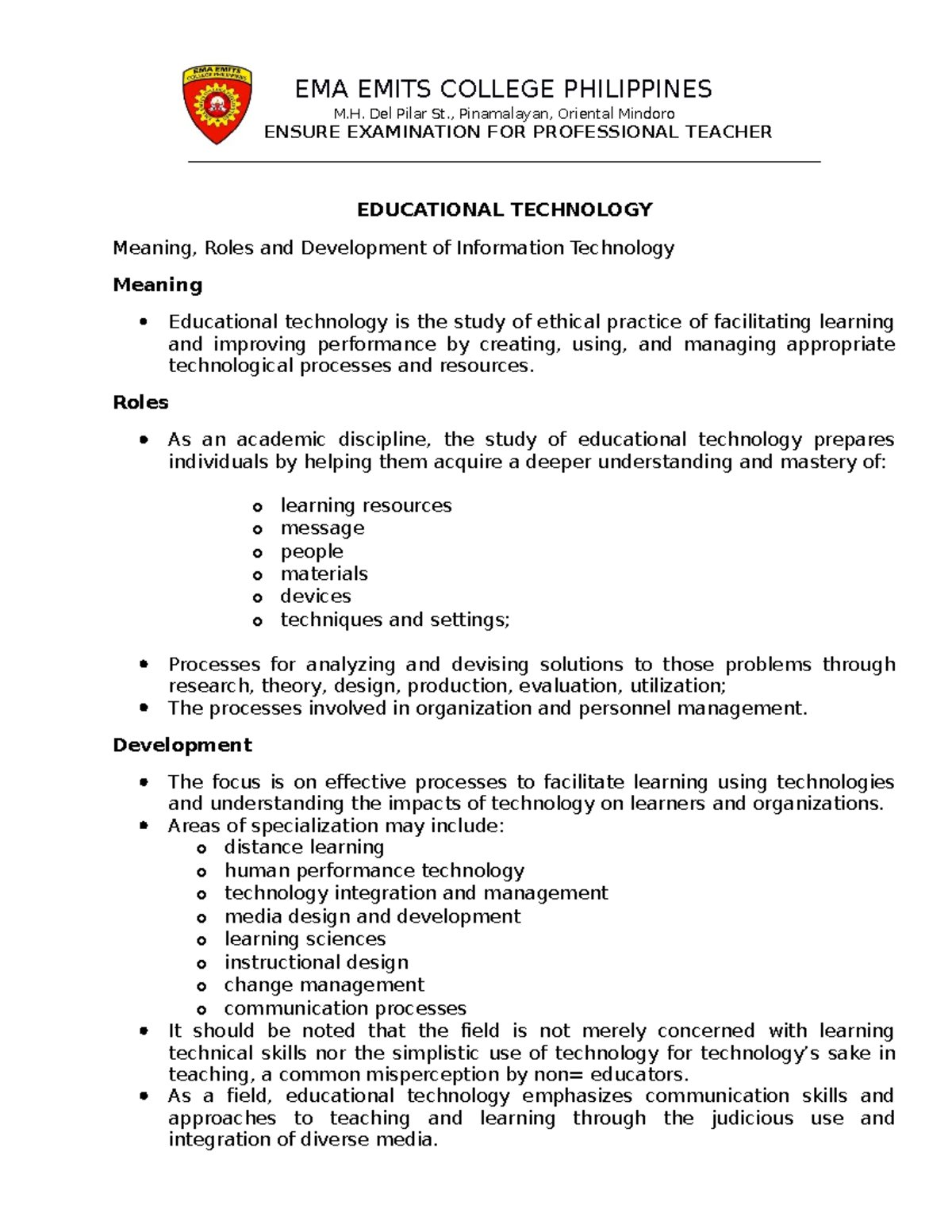 Lecture-Notes-2 - Reviewer - EMA EMITS COLLEGE PHILIPPINES M. Del Pilar ...